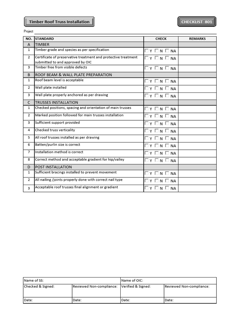 Checklist801 - Timber Roof Truss Installation | PDF