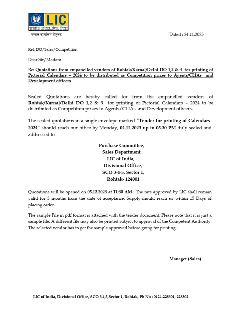 Tender For Printing of Calendars-2024 | PDF