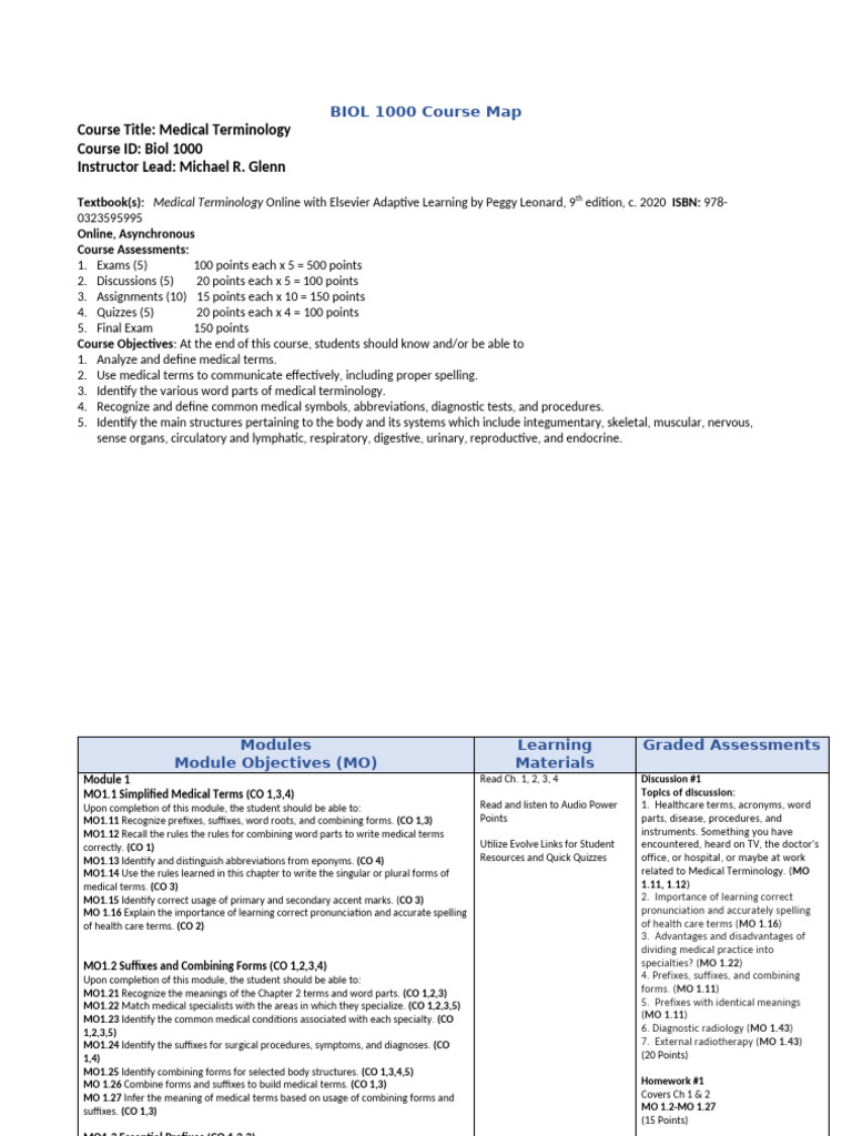 BIOL 1000 Course Map | PDF