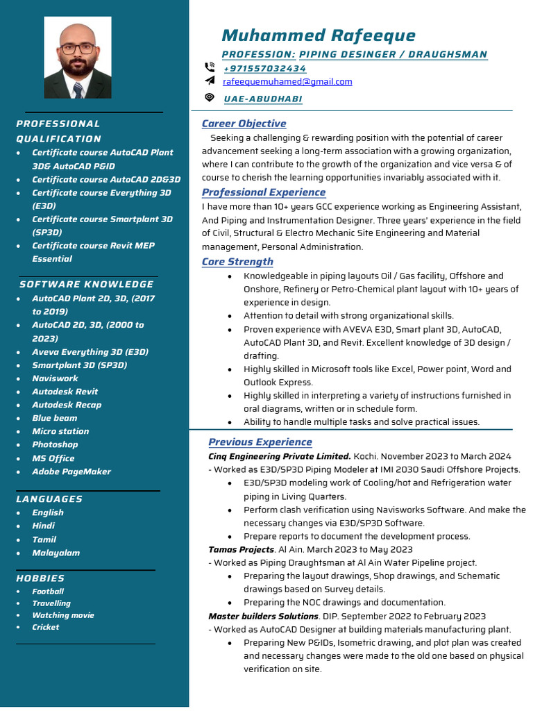 MUHAMMED RAFEEQUE - Piping Designer Draughtsman | PDF