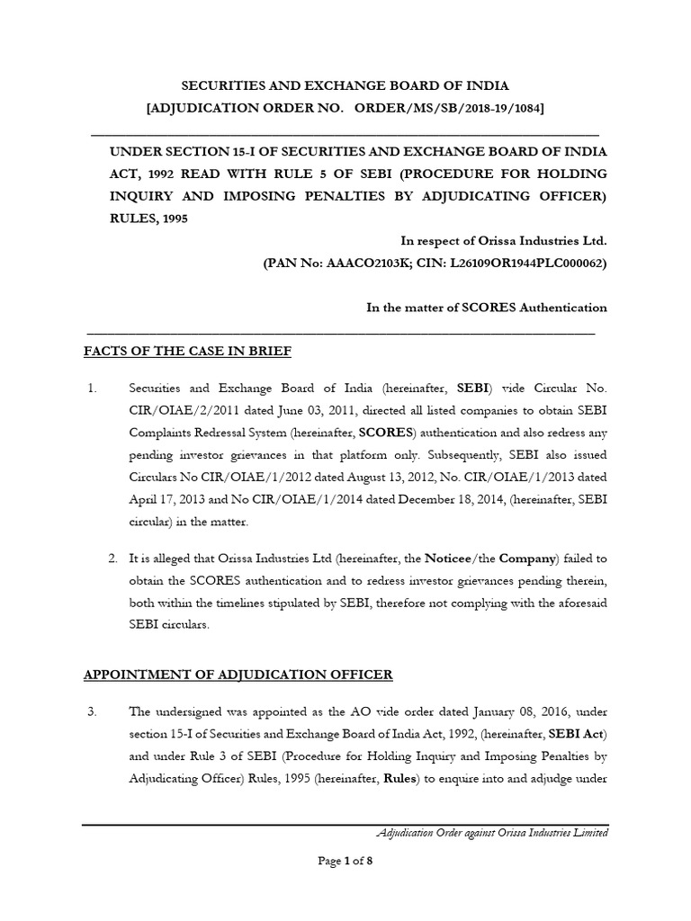 Page 1 of 8: Adjudication Order Against Orissa Industries Limited | PDF