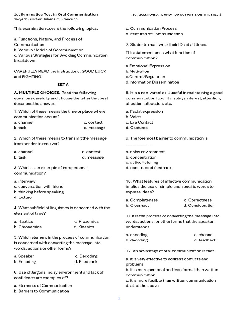 1st-Summative-Test-in-Oral Communication SET A | PDF | Communication ...