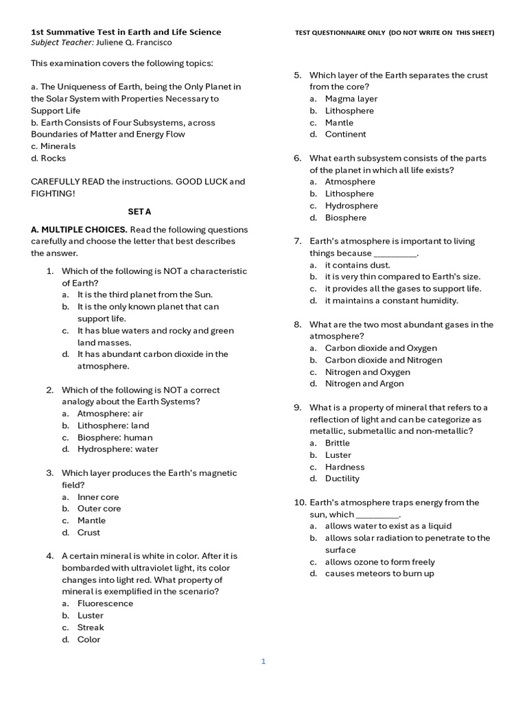 1st-Summative-Test-in-Earth-and-Life-Science SET A | PDF | Earth ...