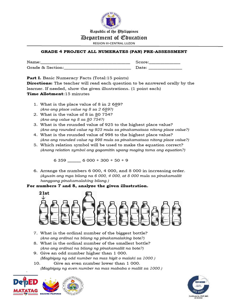 Grade 4 Pan Pre Assessment With Tagalog Translation | PDF