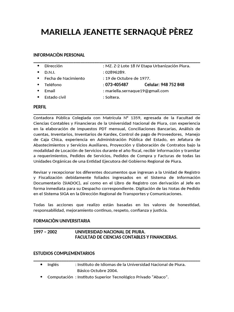 Curriculum Mariella Sernaque Pérez 2024 | PDF