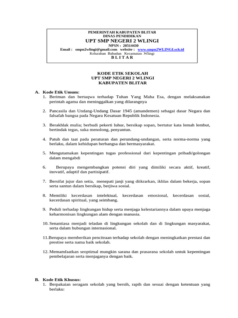 Kode Etik Sekolah | PDF