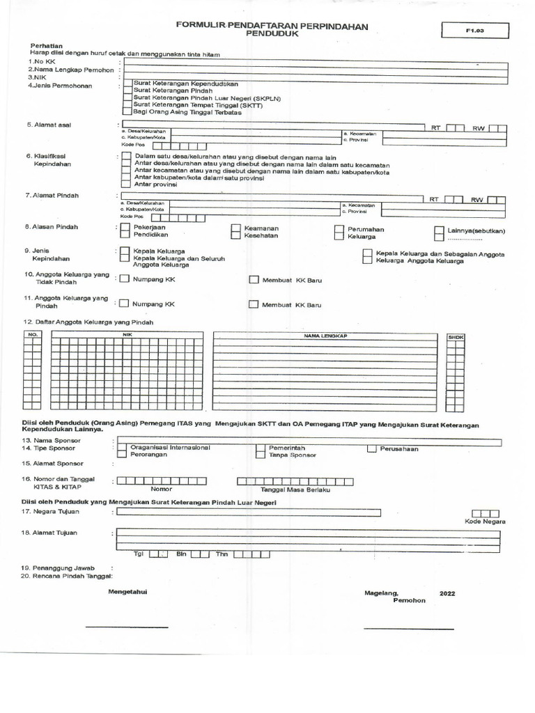 Formulir Pendaftaran Perpindahan Penduduk F1.03 | PDF