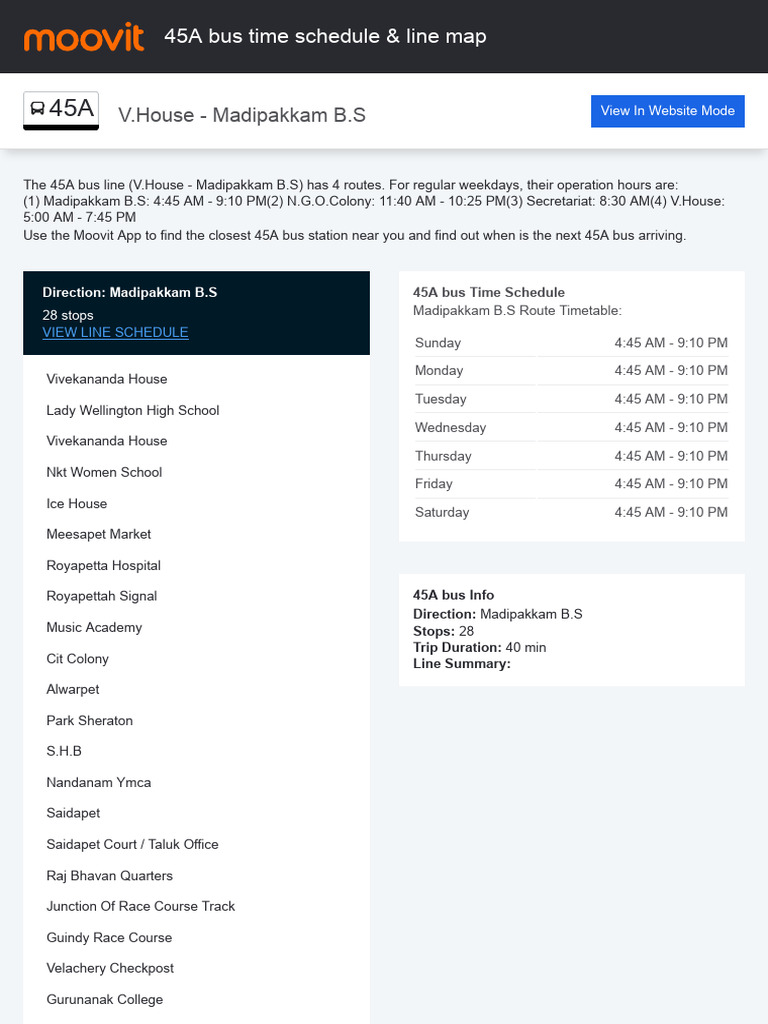 V.House - Madipakkam B.S: 45A Bus Time Schedule & Line Map | PDF