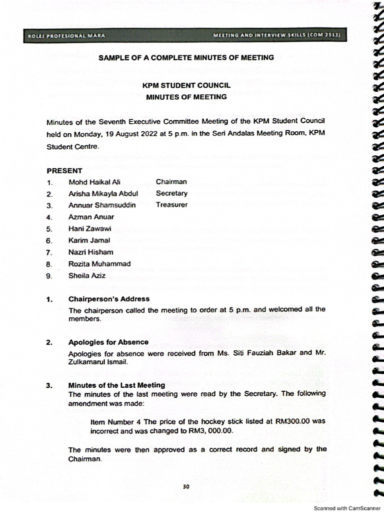 Sample - Minutes of Meeting | PDF