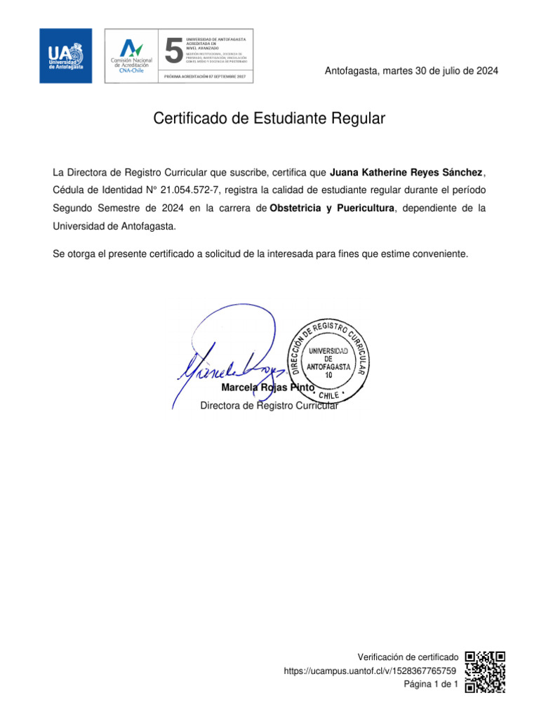 Certificado de Estudiante Regular: Marcela Rojas Pinto | PDF