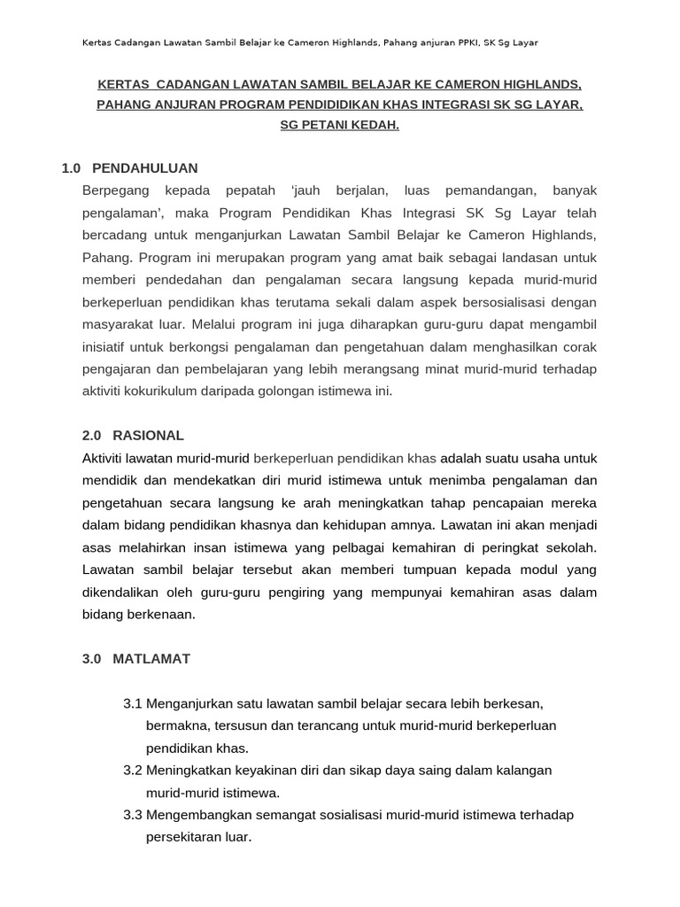 Kertas Kerja Lawatan Ke Cameron Highland 2024 | PDF