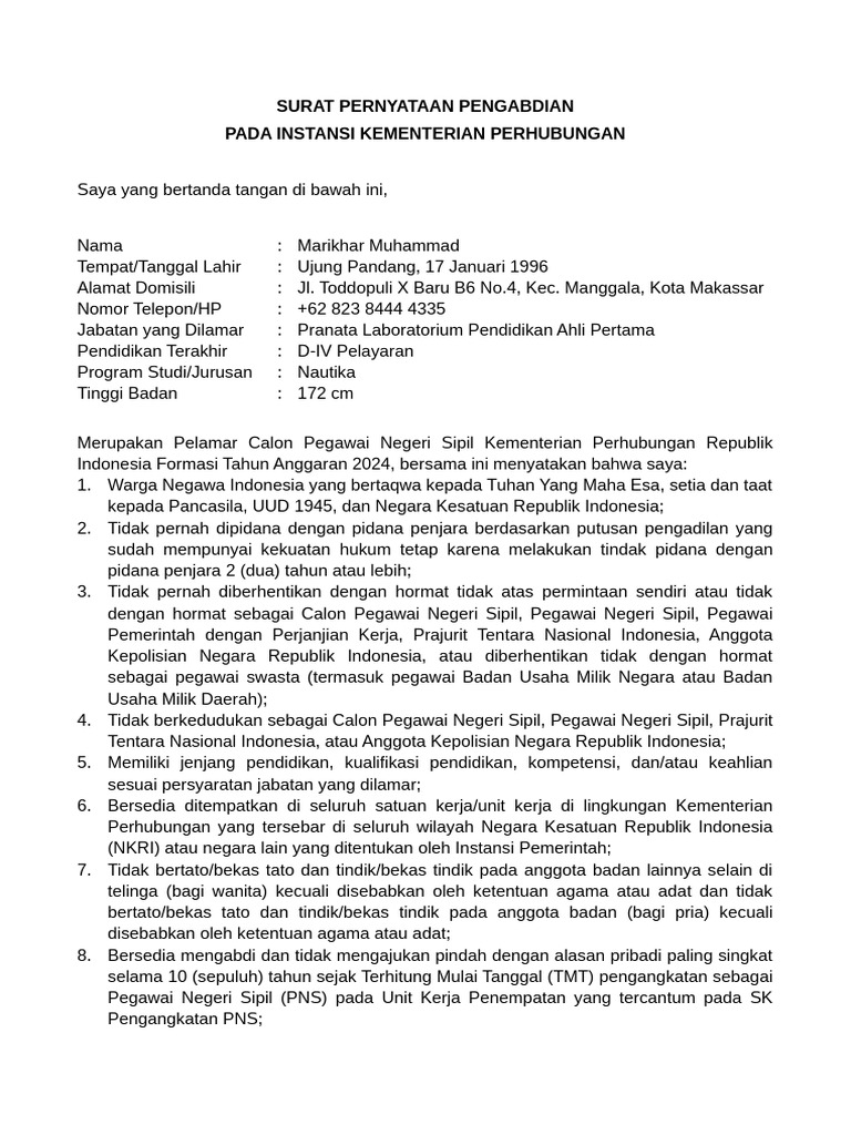 Surat Pernyataan Pengabdian 2 | PDF