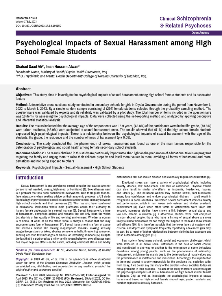 Psychological Impacts of Sexual Harassment Among High School Female ...