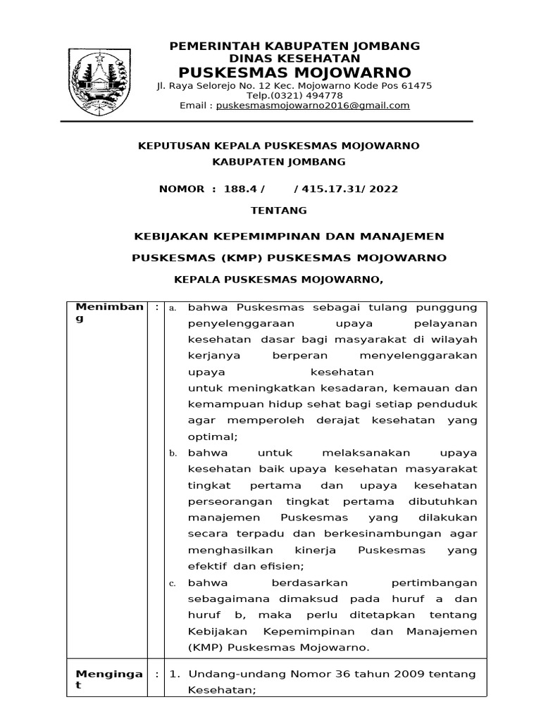 SK Kegiatan Kepemimpinan Dan Manajemen Puskesmas (KMP) | PDF
