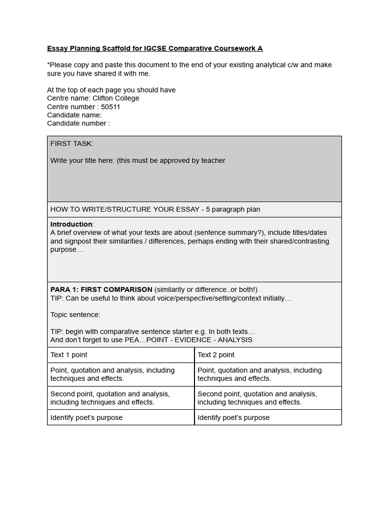 Essay Planning Scaffold For IGCSE Comparative Coursework A | PDF