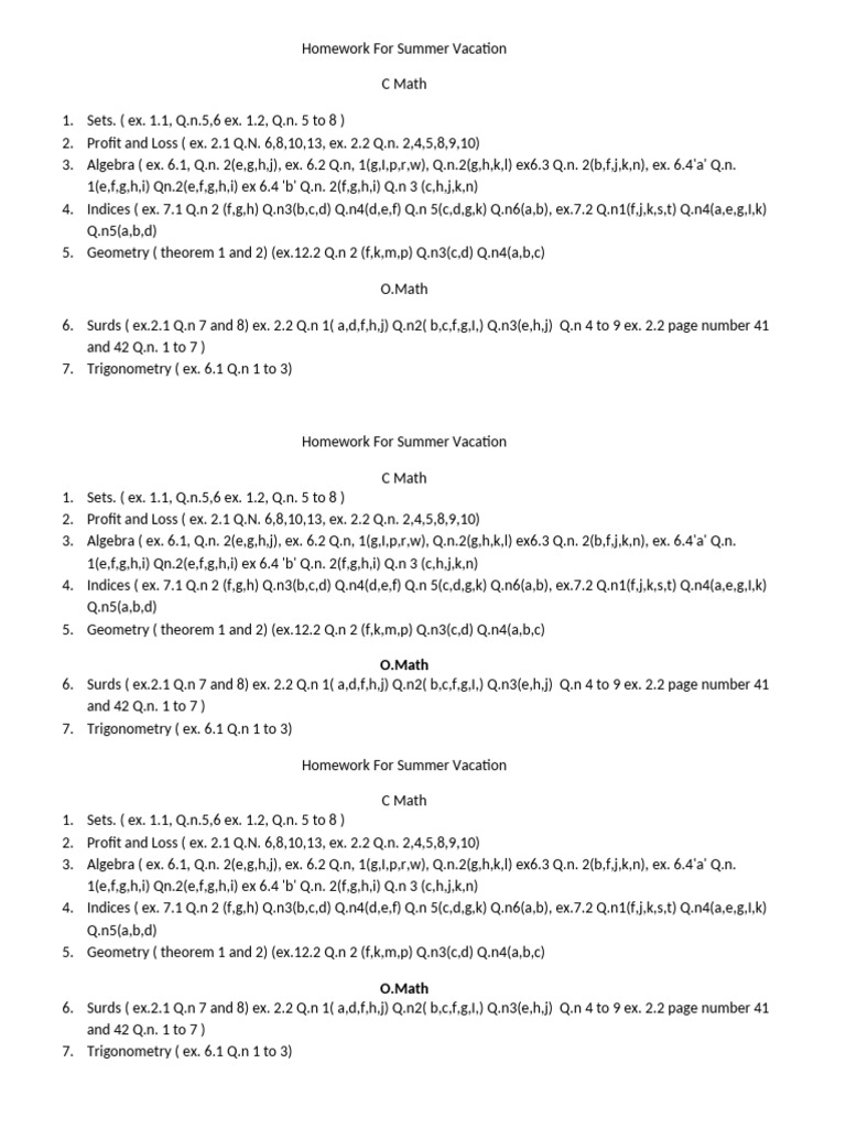 Homework For Summer Vacation Math and Opt Math | PDF