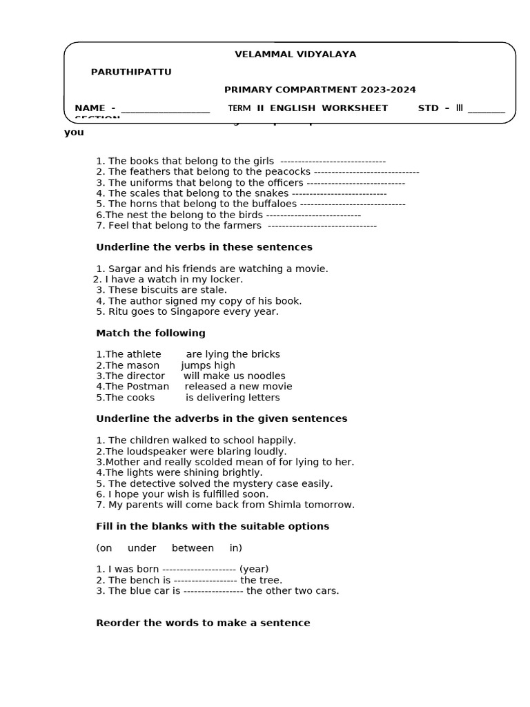 Class 3 Term Ii English Worksheet | PDF