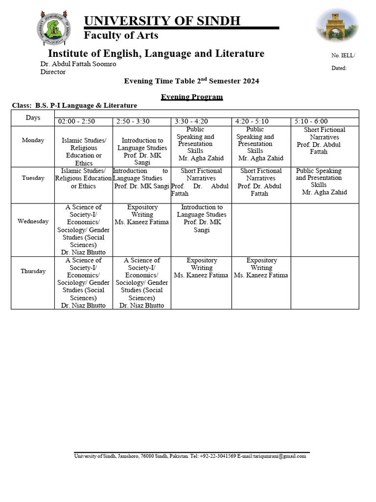 BS Time Table 2nd Sem 2024 Evening-1 | PDF | Liberal Arts Education