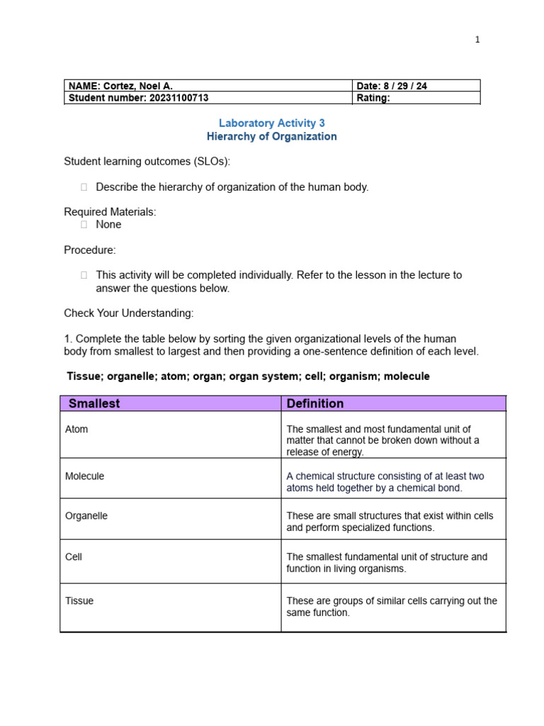Cortez, Noel A. - Laboratory Activity # 3 - Hierarchy of Organization - PSY1C - General ...