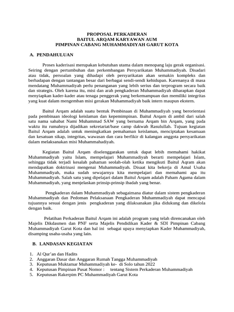 Proposal Perkaderan Baitul Arqam Muhammadiyah Tahun 2024 | PDF