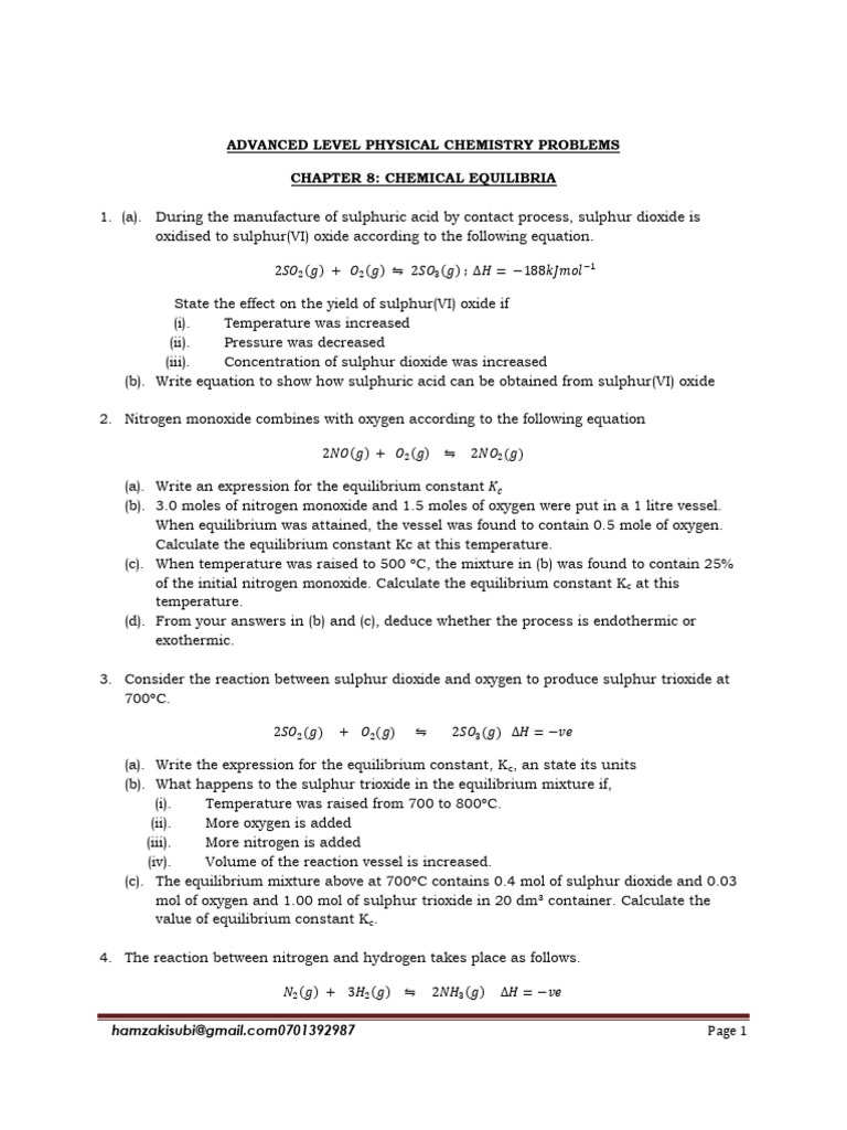 S6 A'level Physical Chemistry Problems Revision Questions-1 | PDF