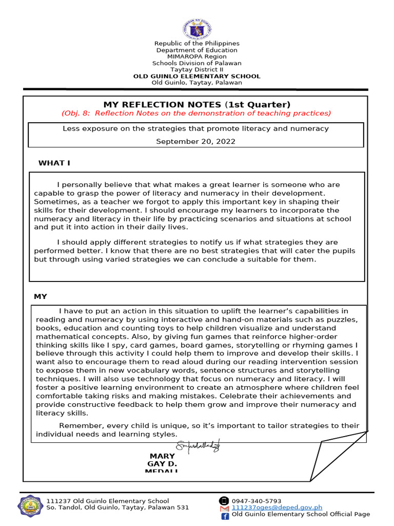 Reflection-Notes-Obj-8 Quarter 1 | PDF