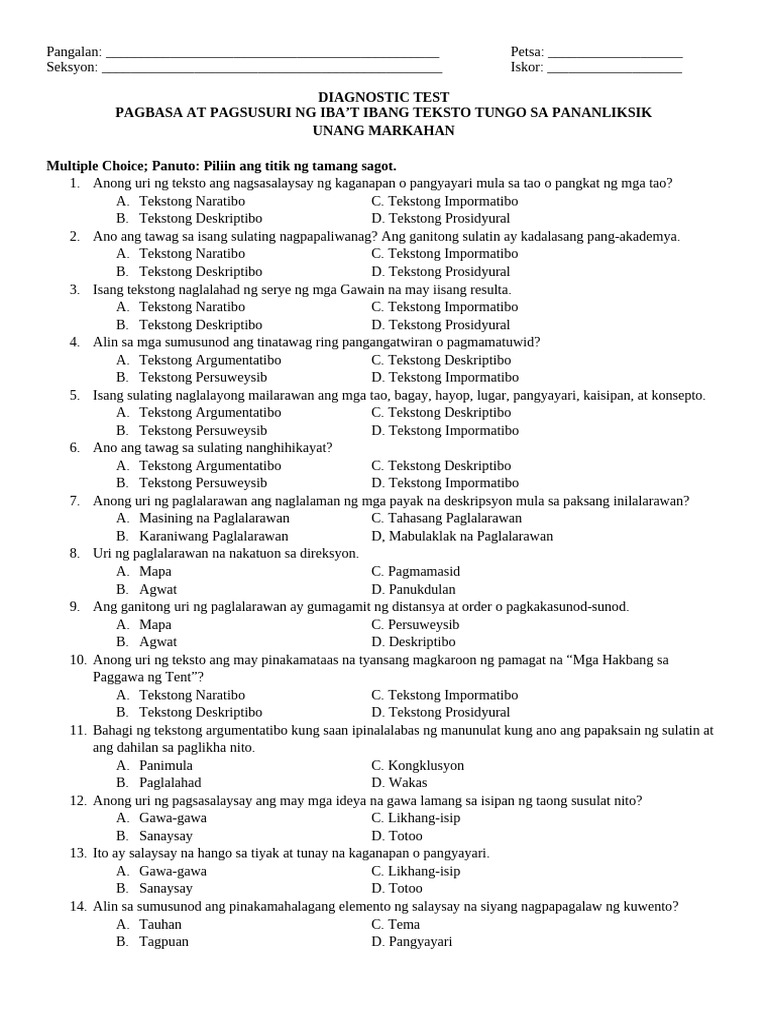 PAGBASA AT PAGSUSURI - Unang Markahan DIAGNOSTIC TEST | PDF