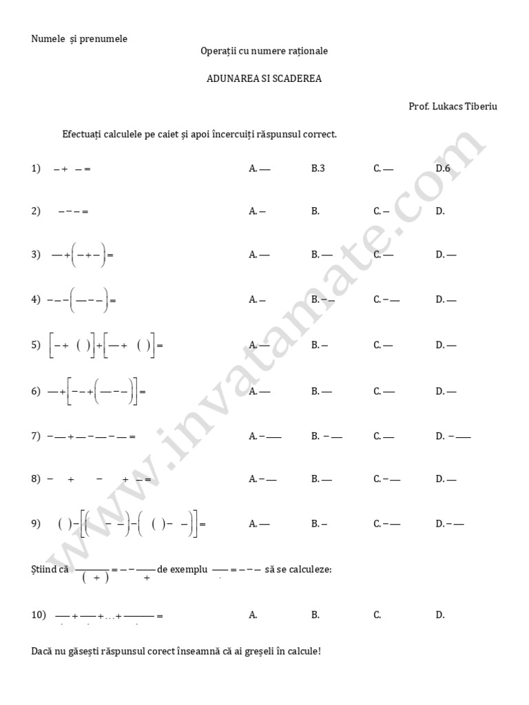 Adunarea Si Scaderea Numerelor Raționale Fișă de Lucru | PDF
