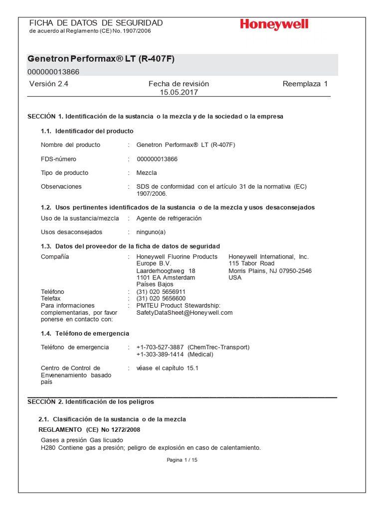Ficha de Seguridad R 407f Gas Servei | PDF