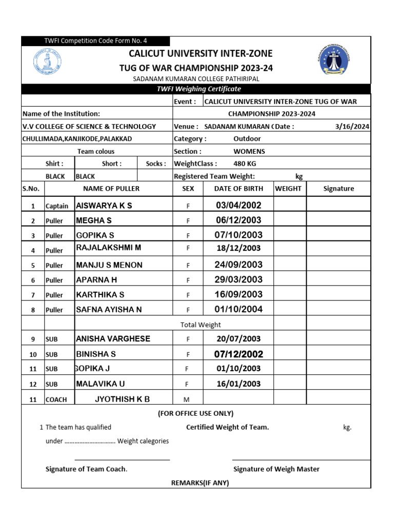 Calicut Tug Weighing Form Womens-2 | PDF