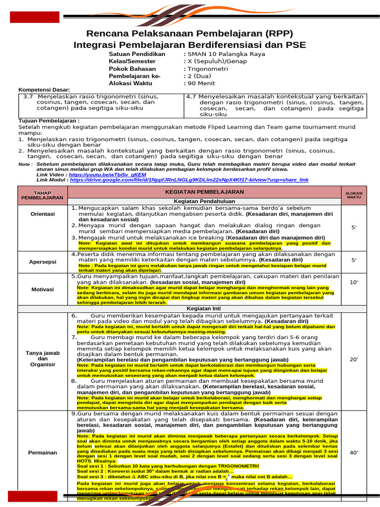 RPP Berdiferensiasi dan integrasi PSE | PDF