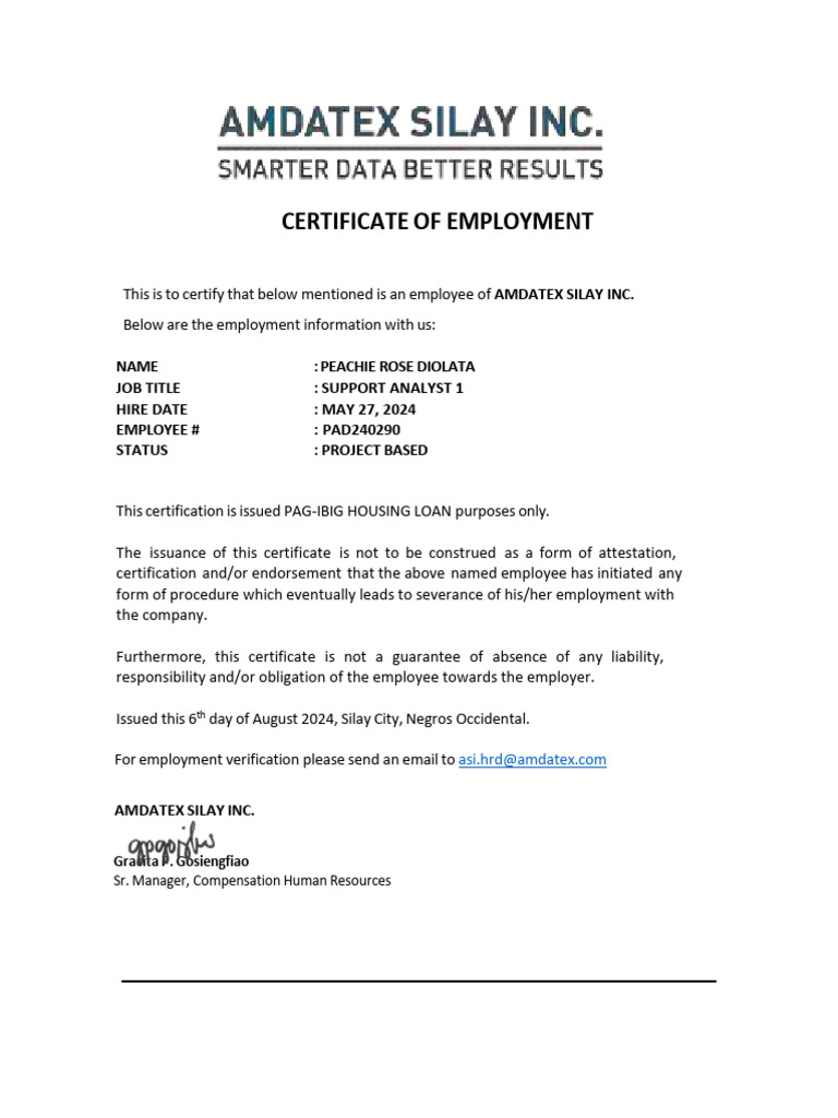 Certificate of Employment: Amdatex Silay Inc | PDF
