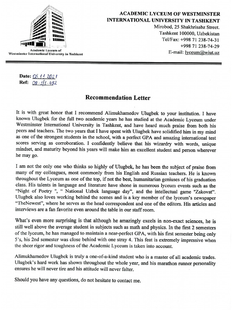 Counselor Recommendation (Sample) | PDF