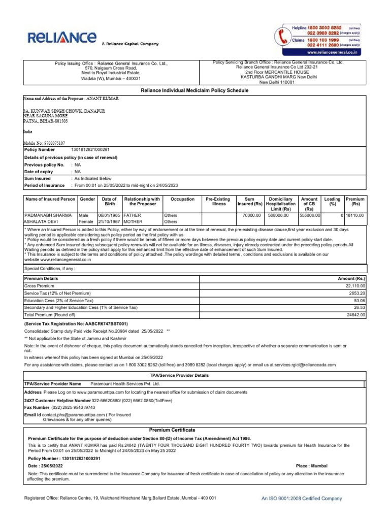 PARENT Mediclaim Receipt | PDF | Insurance | Taxes