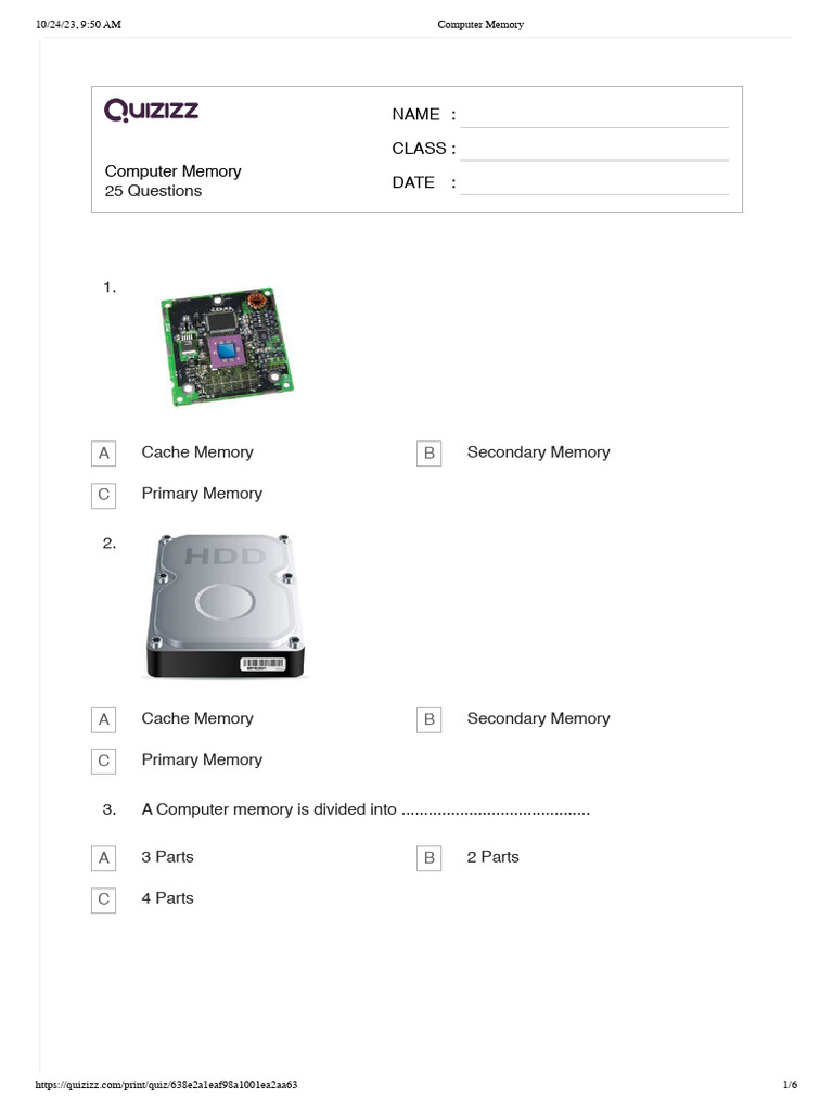 Computer Memory Answer Sheet | PDF