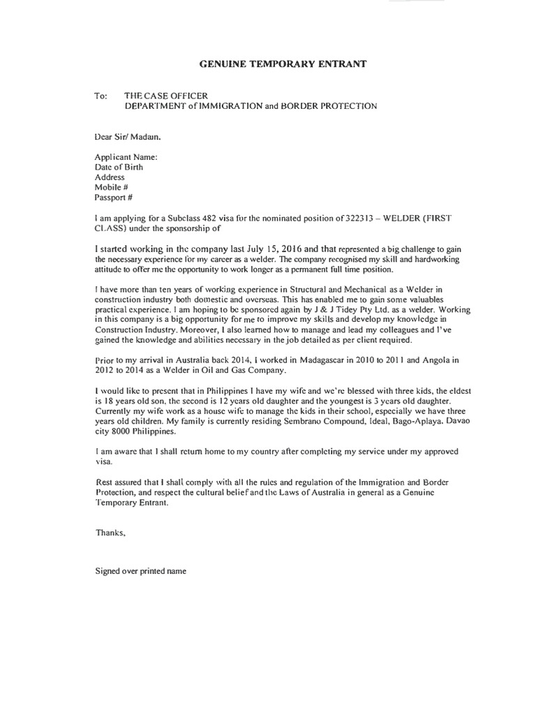 Sample - Genuine Temporary Entrant Letter - Updated | PDF