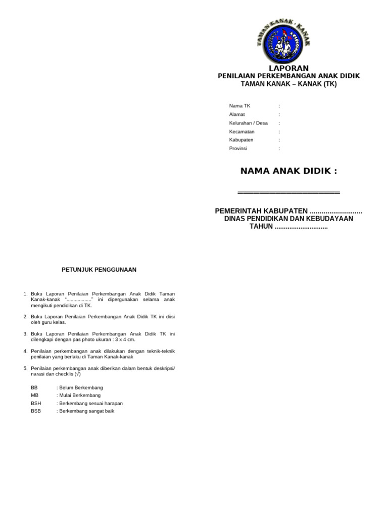 Blanko Rapor TK B Dg No SK | PDF