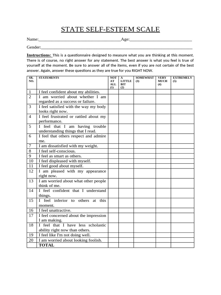 State Self-Esteem Scale | PDF