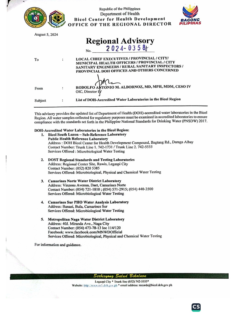 Advisory-List of DOH-Acrredited Water Laboratories in The Bicol Region ...