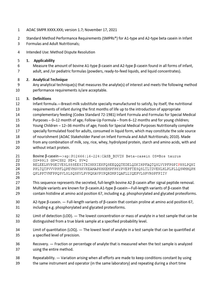 AOAC SPIFAN A1A2 Beta Casein SMPR v1.7 - 11 17 21 | PDF