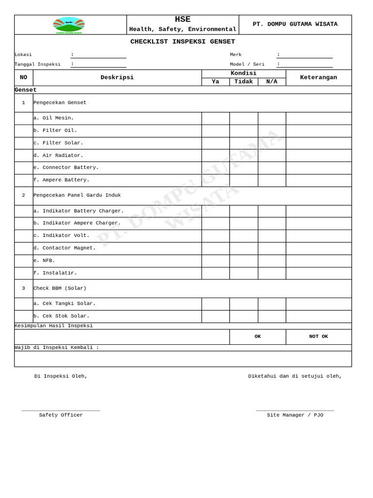 Form Inspeksi Genset | PDF