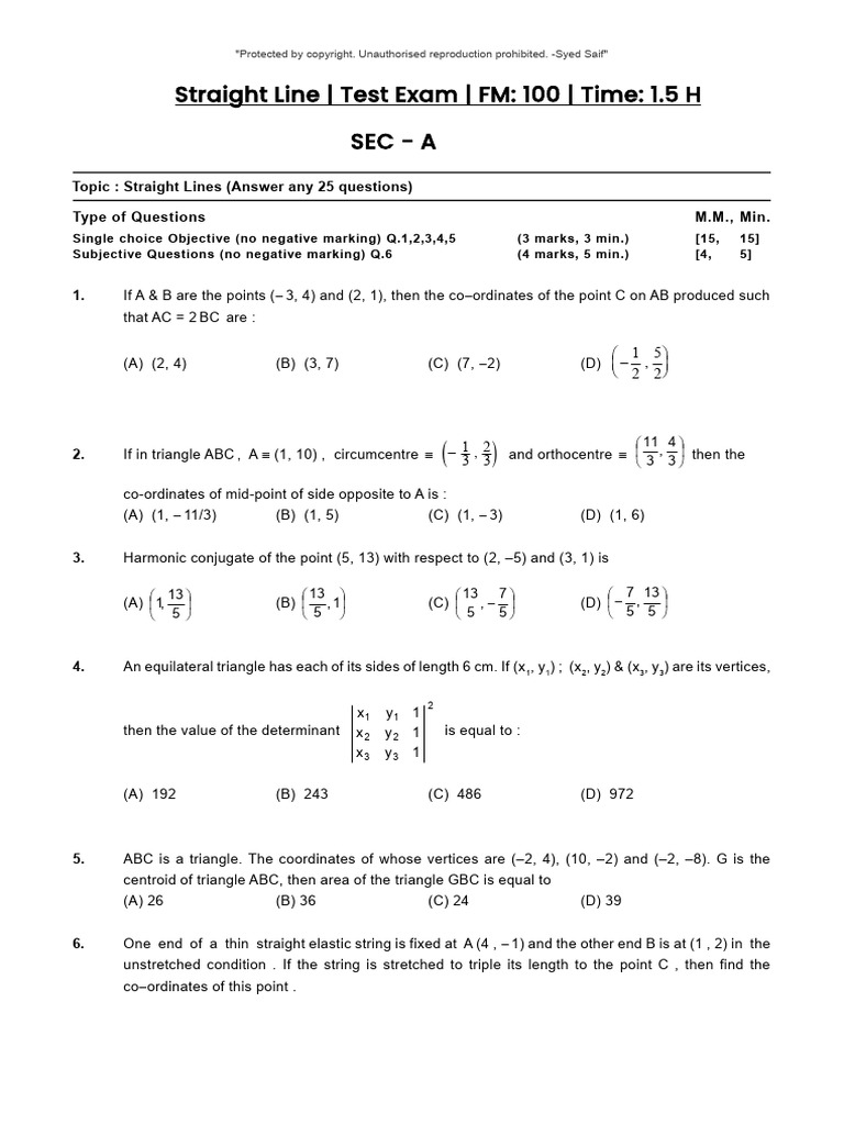 Straight Line Test Question Paper | PDF