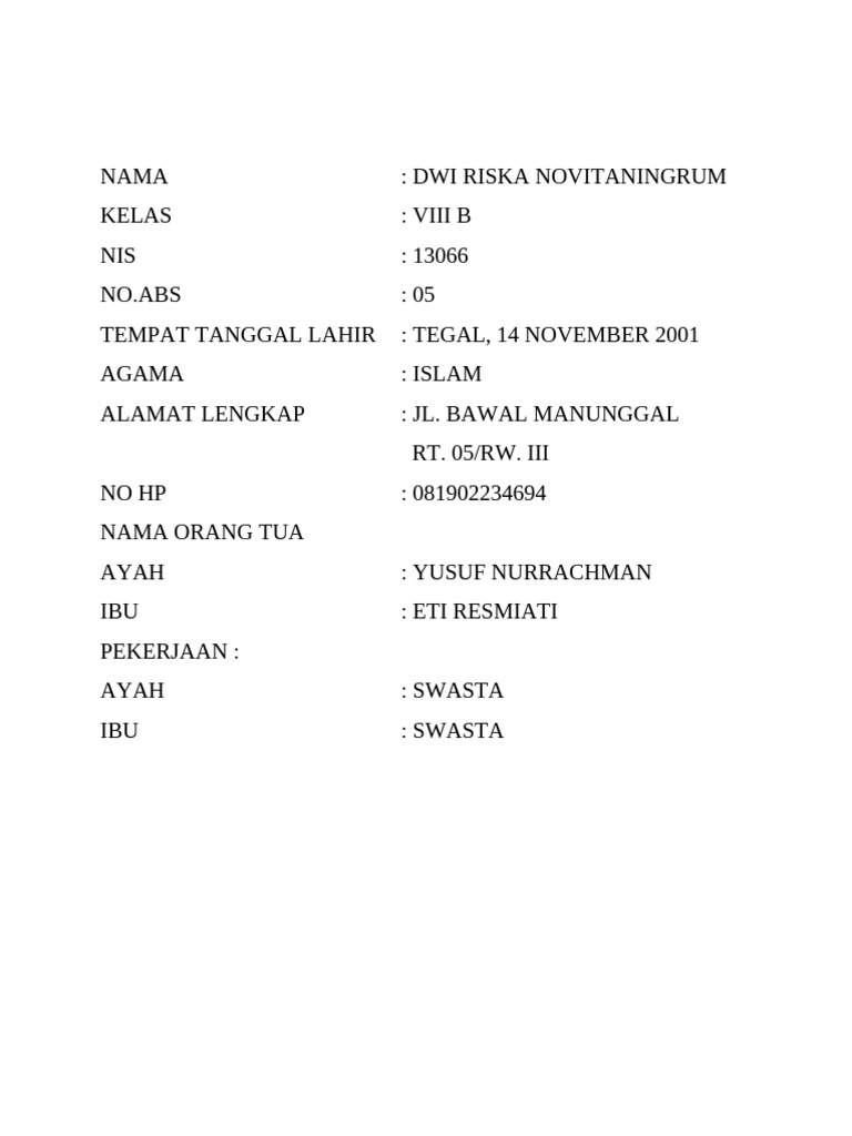 Biodata Dwi Riska | PDF