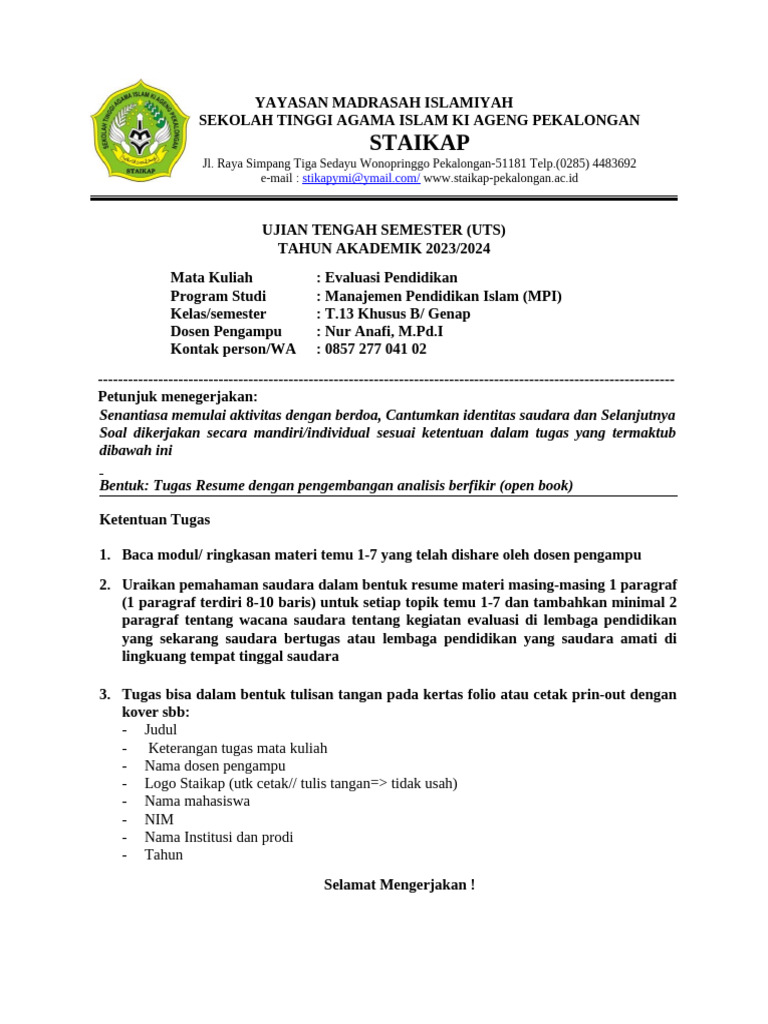 Tugas UTS Evaluasi Pendidikan T.13 C Genap 2023-2024 | PDF