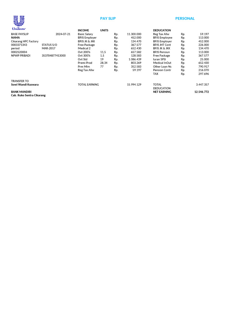 Pay Slip Unilever | PDF