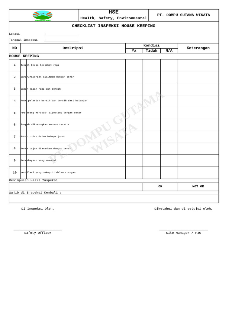 Form Inspeksi Houskeeping | PDF