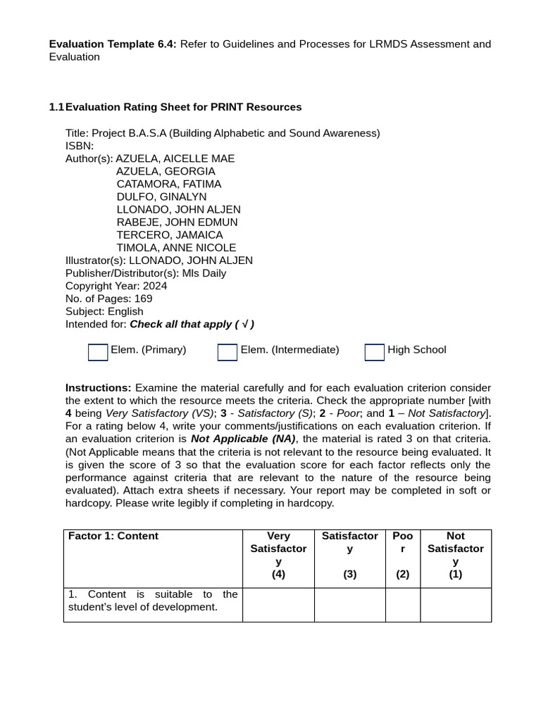 Evaluation Rating Sheet For PRINT Resources | PDF