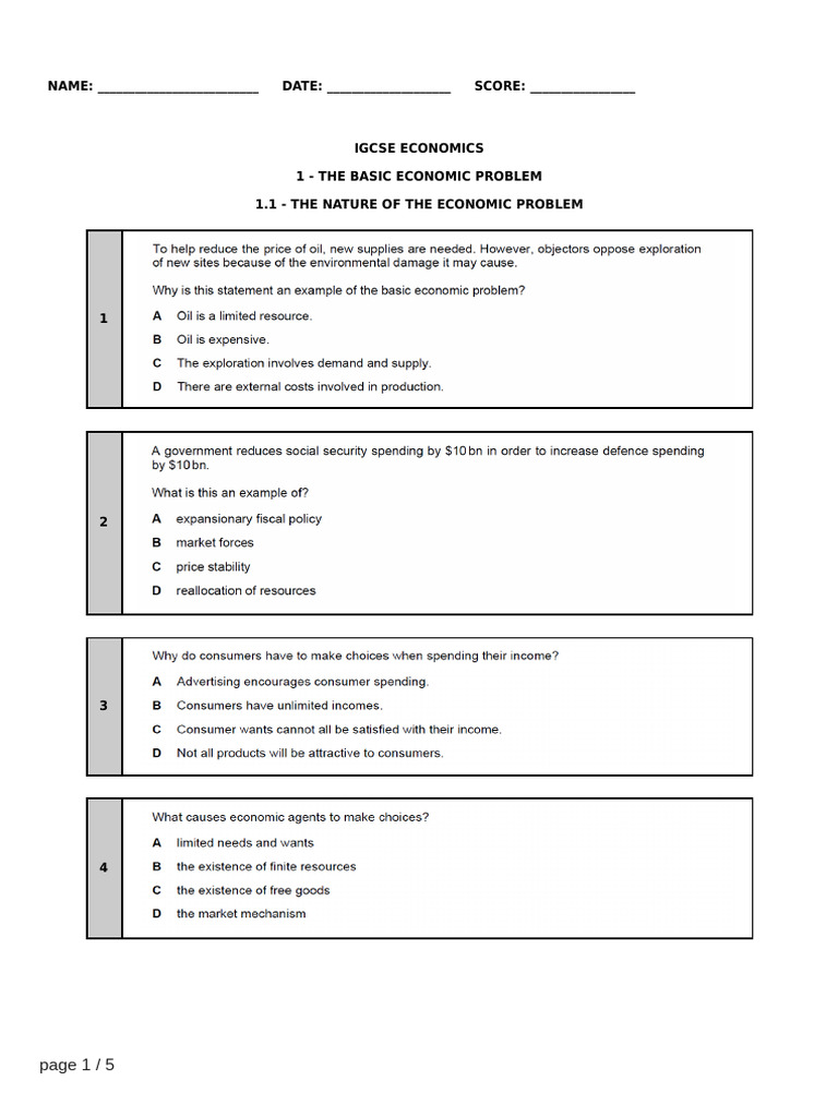 IGCSE Economics - 1.1 - The Nature of The Economic Problem | PDF