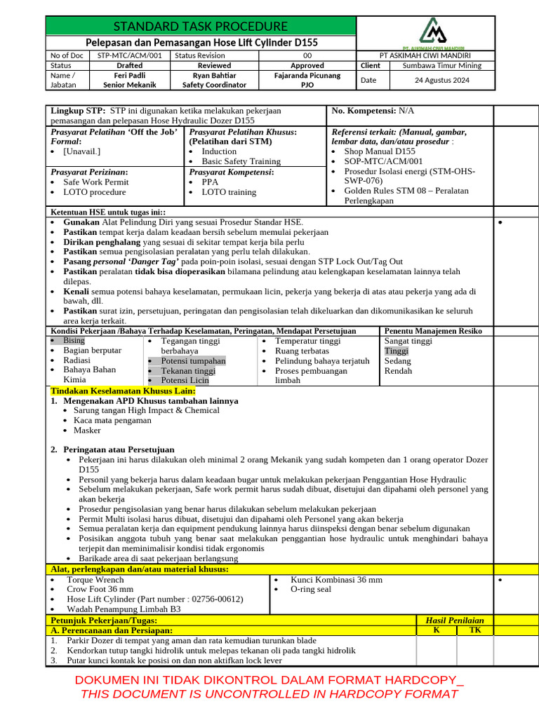 STP Pelepasan Dan Pemasangan Hose Lift Cylinder D155 | PDF