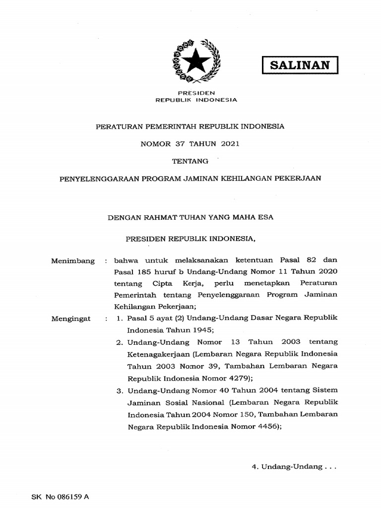 Salinan - PP - Nomor - 37 - Tahun - 2021 Jaminana Kehilangan Pekerjaan | PDF